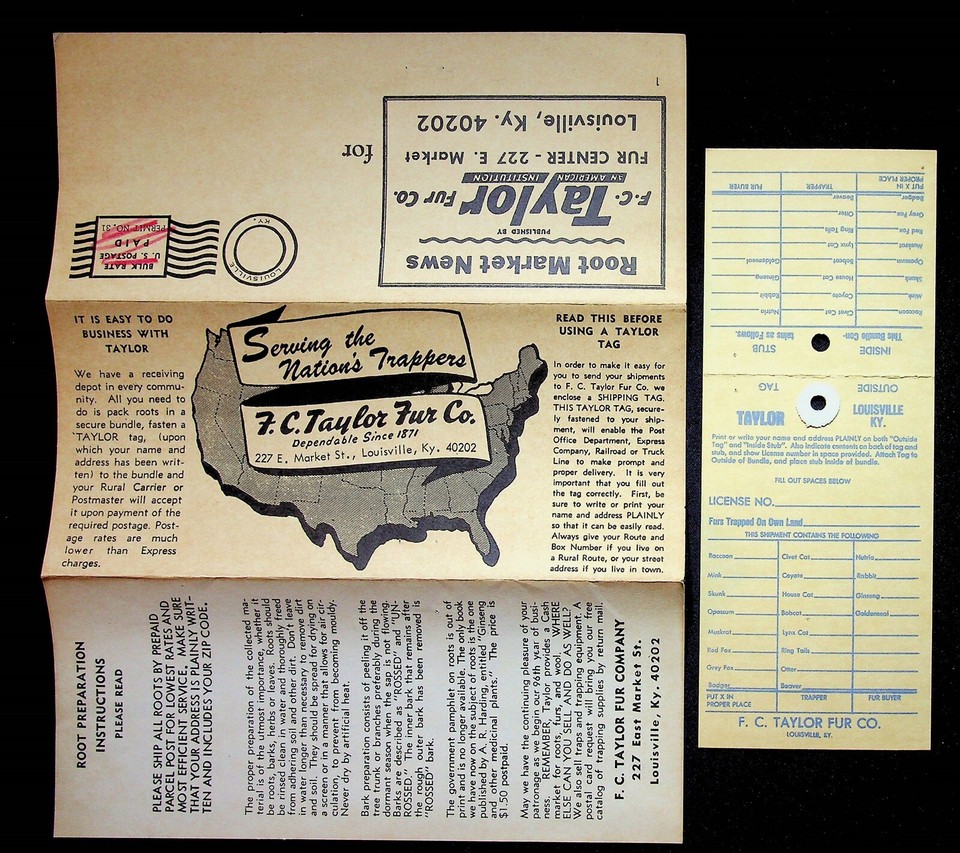 F. C. Taylor Fur Co. St. Louis 1966 Fur Tag + Ginseng Price List Golden ...