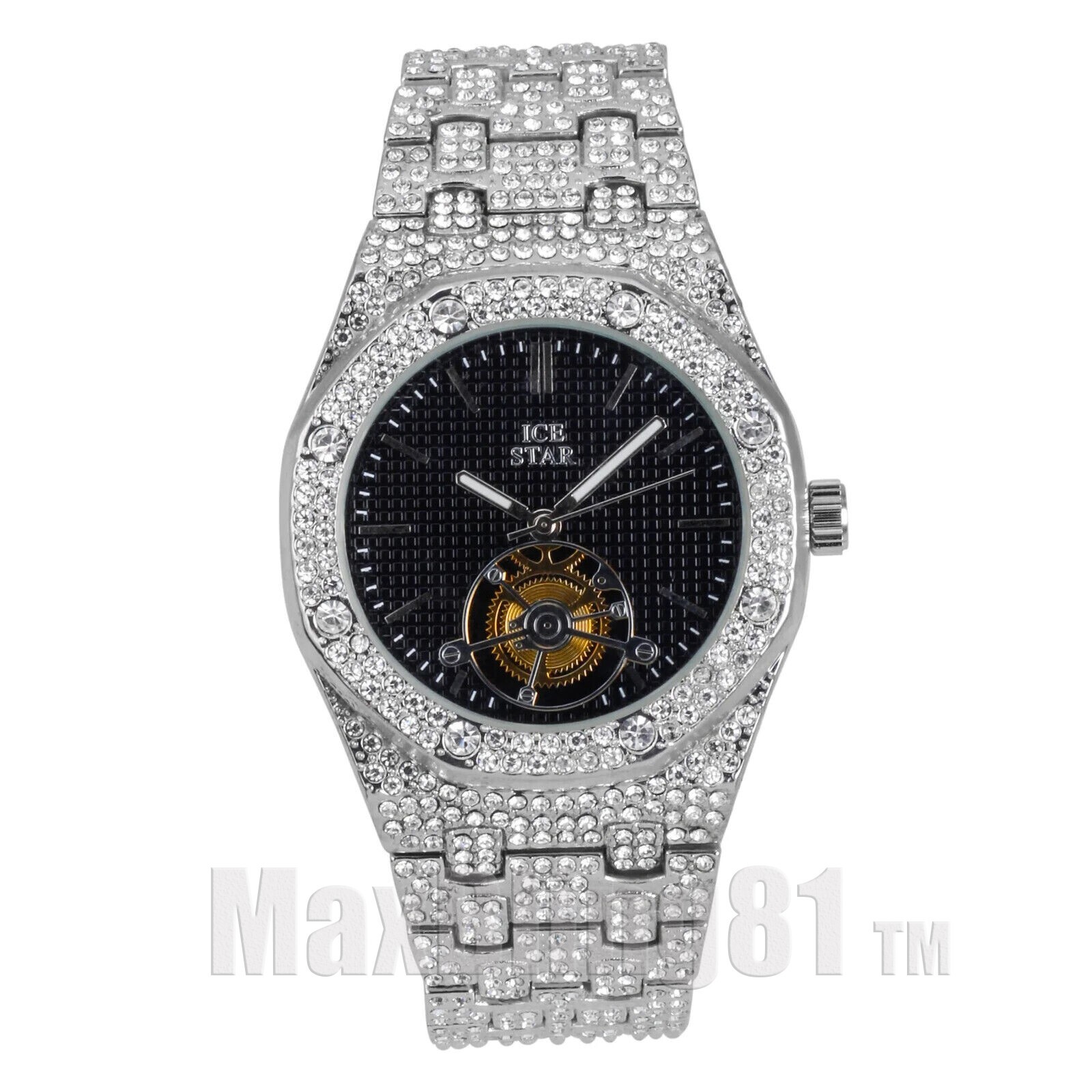 Luxury Iced Hip Hop Silver Plated Rapper Bling Metal Band Black Dial ...