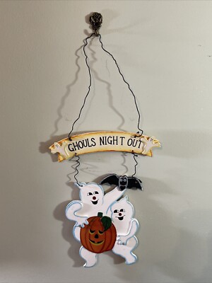 GHOULS NIGHT OUT Halloween Wooden Hanging Sign w/Ghosts, Bat & Pumpkin ...