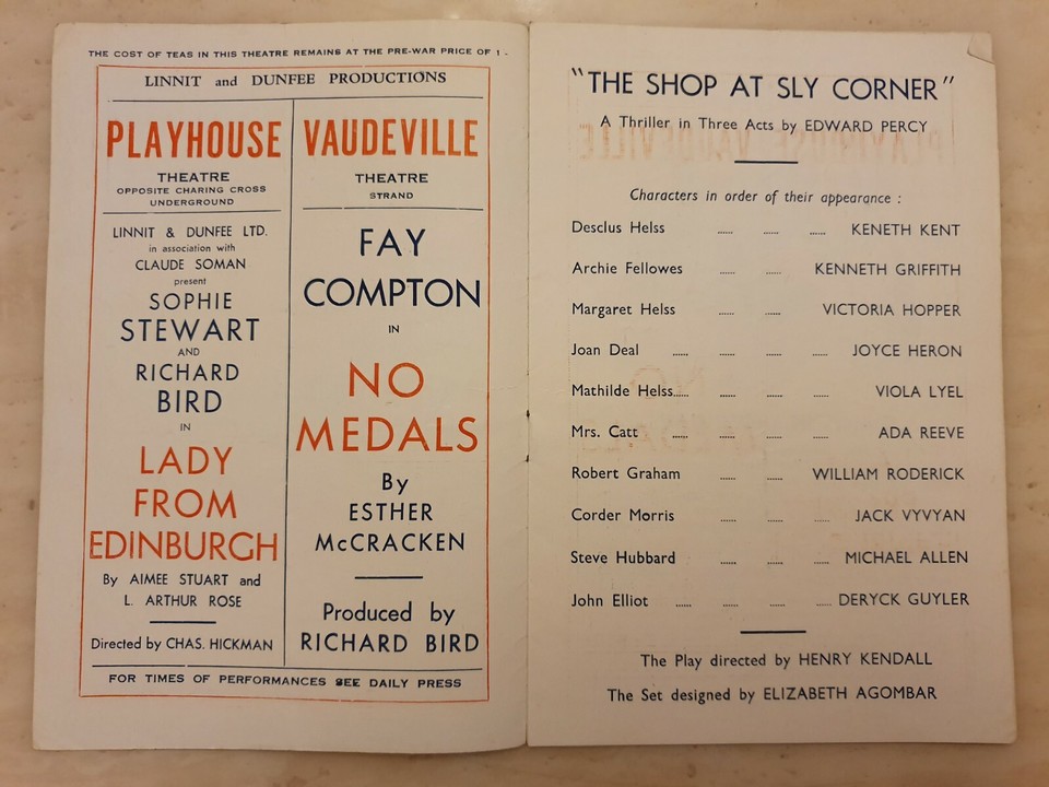 THEATRE PROGRAMME THE SHOP AT SLY CORNER KENETH KENT VICTORIA HOPPER ...