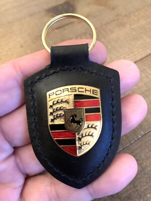 NEW Porsche Leather Crest Key Fob Black Keyring Chain Ring Genuine FREE ...