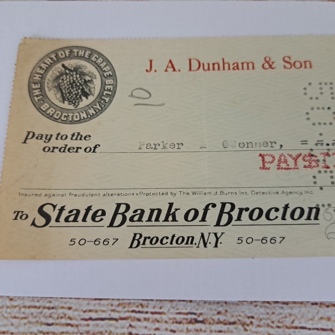 Antique Cancelled Bank Check 1929 State Bank of Brocton NY JA Dunham ...