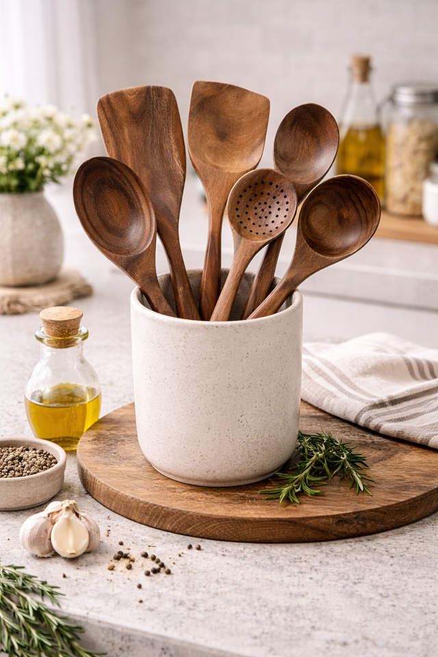 7pc Wooden Kitchen Utensil Set Rustic Farmhouse Cooking Spoons Spatulas ...