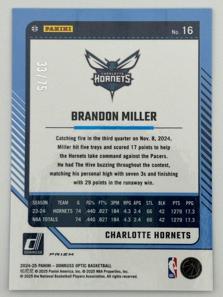 2024-25 Panini Donruss Optic Brandon Miller #16 Electricity Prizm /75 ...