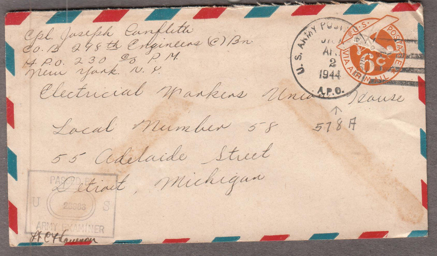 1944 WWII censor cover Cpl Joseph Canflitti 298 Engrs APO 230 Bristol ...