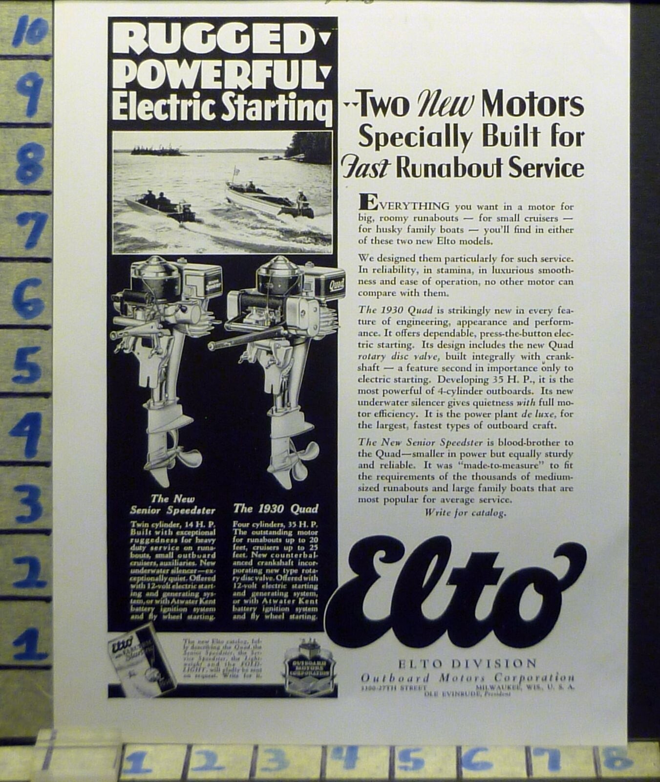 1930 ELTO POWER BOAT OUTBOARD ENGINE SPEEDSTER QUAD EVINRUDE MOTOR AD ...