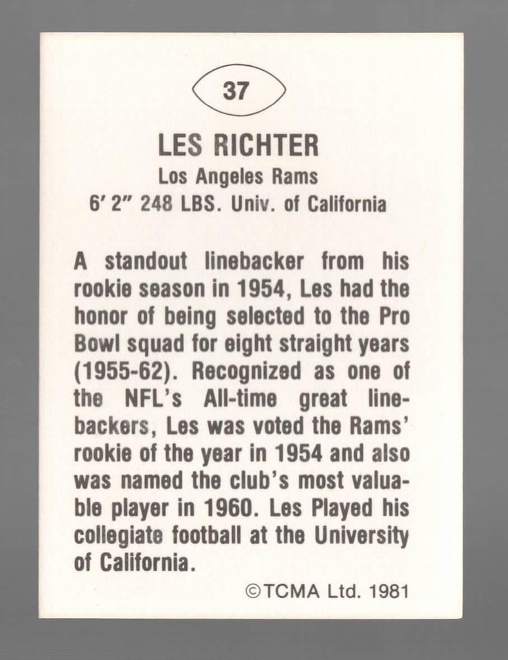1981 TCMA Greats Les Richter Los Angeles Rams #37 Near Mint or Better ...