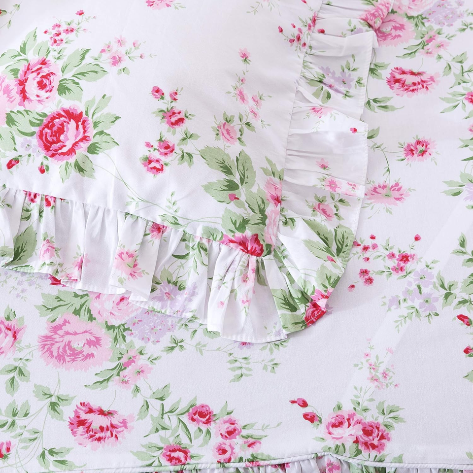 Shabby Pink Rose Pillowcases with Lace Ruffles - Vintage Floral Bedding ...