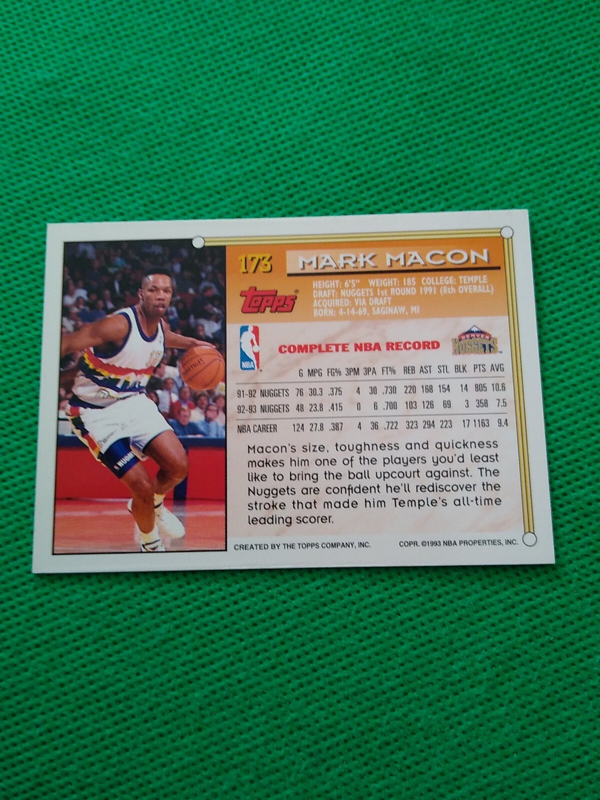 1993-94 Topps Gold #173 - Mark Macon - Denver Nuggets | eBay