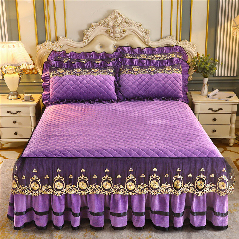 Solid Lace Velvet Bed Sheet Set Queen King Size Bedspreads Vintage ...