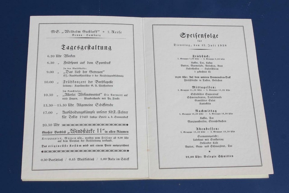 STRENGTH THROUGH JOY KDY ES WILHELM GUSTLOFF GERMAN CRUISE SHIP MENU 12 ...