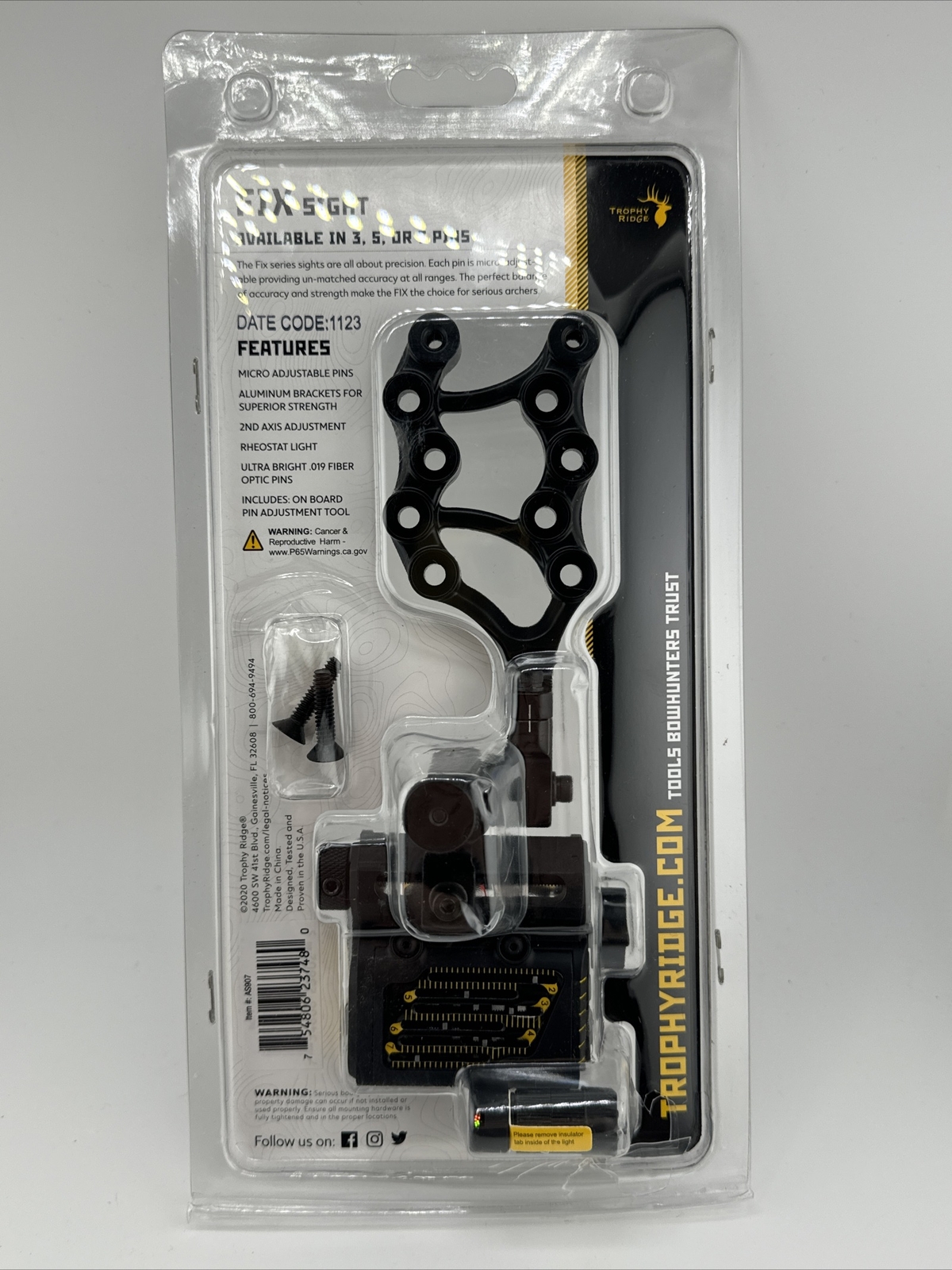 Trophy Ridge Sight Fix 7 Pin Sight Right Hand .019 W/ Sight Light As907 ...