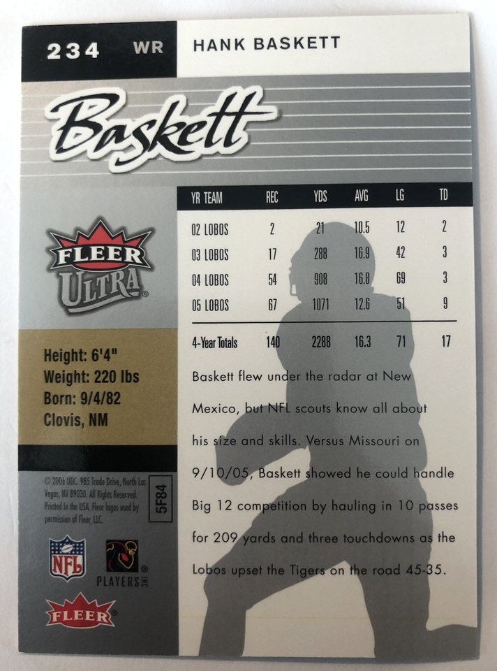 2006 Ultra #234 Hank Baskett Rookie Card, Near Mint Condition | eBay