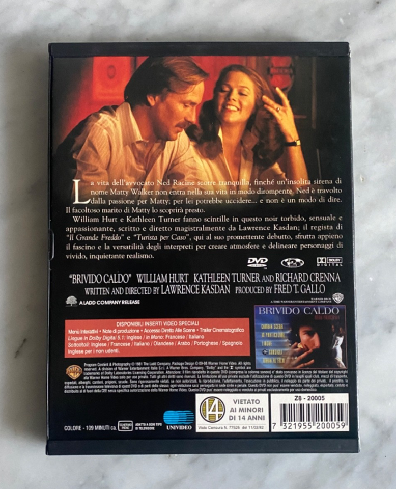 DVD "BRIVIDO CALDO" WILLIAM HURT KATHLEEN TURNER ED. SNAPPER VENDITA WB ...