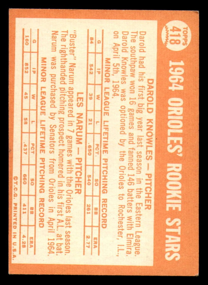 1964 Topps #418 Darold Knowles/Buster Narum Orioles Rookies Excellent ...