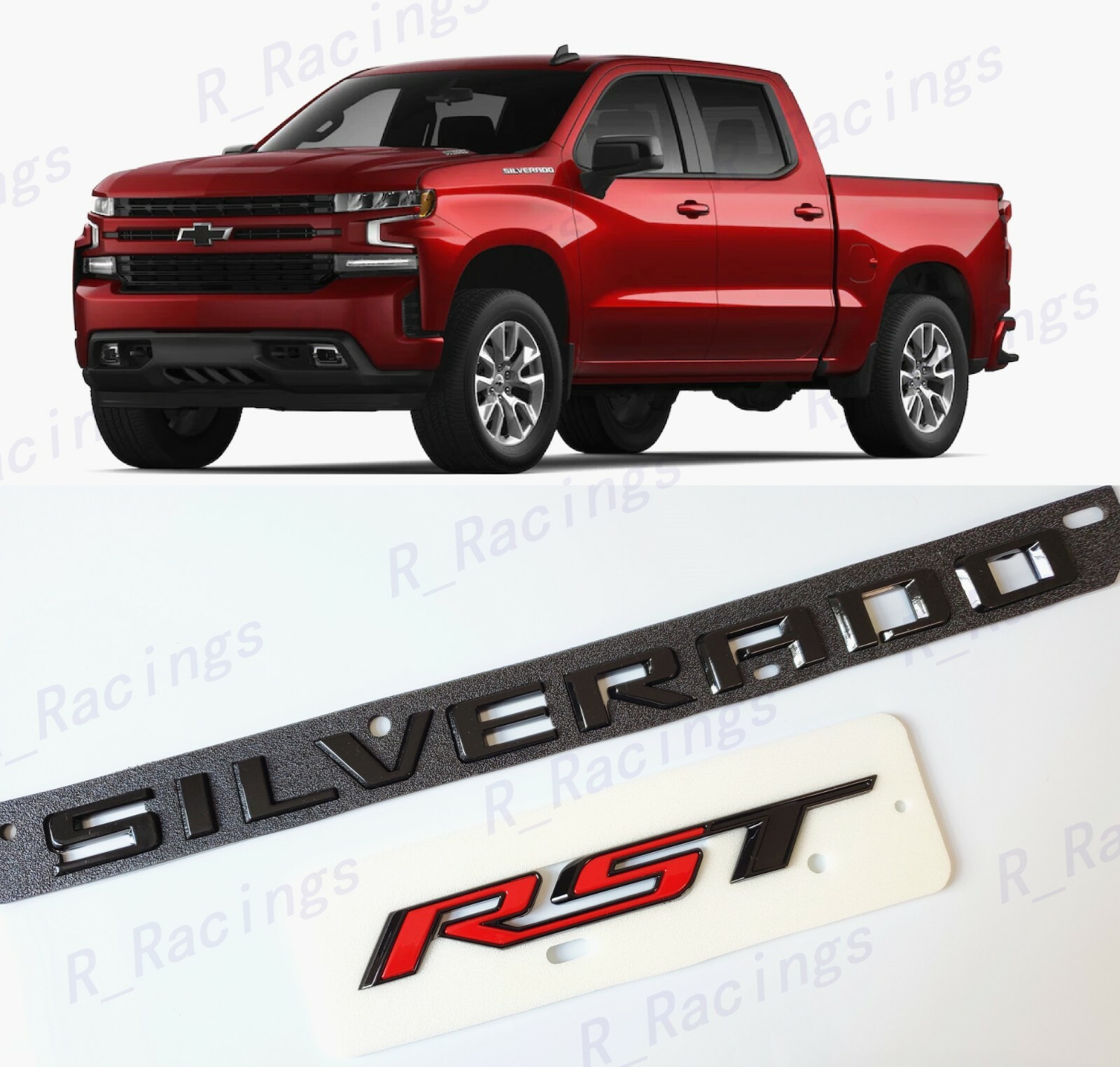 2PCS Tailgate Gloss Black Silverado Black Red RST Emblem Fit 2019 ...
