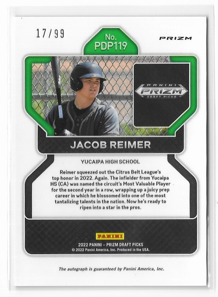 Jacob Reimer 2022 Prizm Draft Picks Blue Autograph #119 /99 Rookie ...