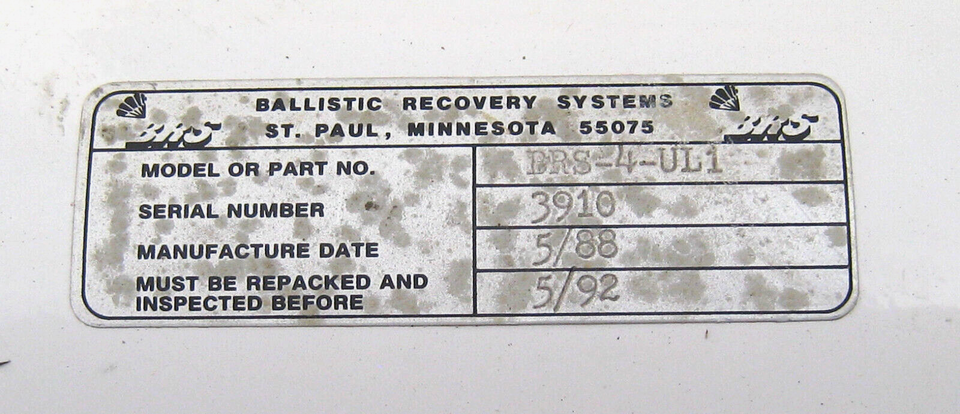 Vintage Ballistic Recovery Systems® [BRS] Emergency Aircraft Parachute ...