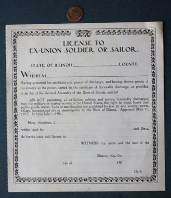 1901 Illinois Ex-Union Soldier & Sailor unused vendor's license ...