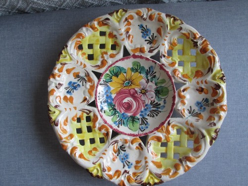 Hand Painted ITALY Basket Weave Lattice Serving Plate Dish Floral ...