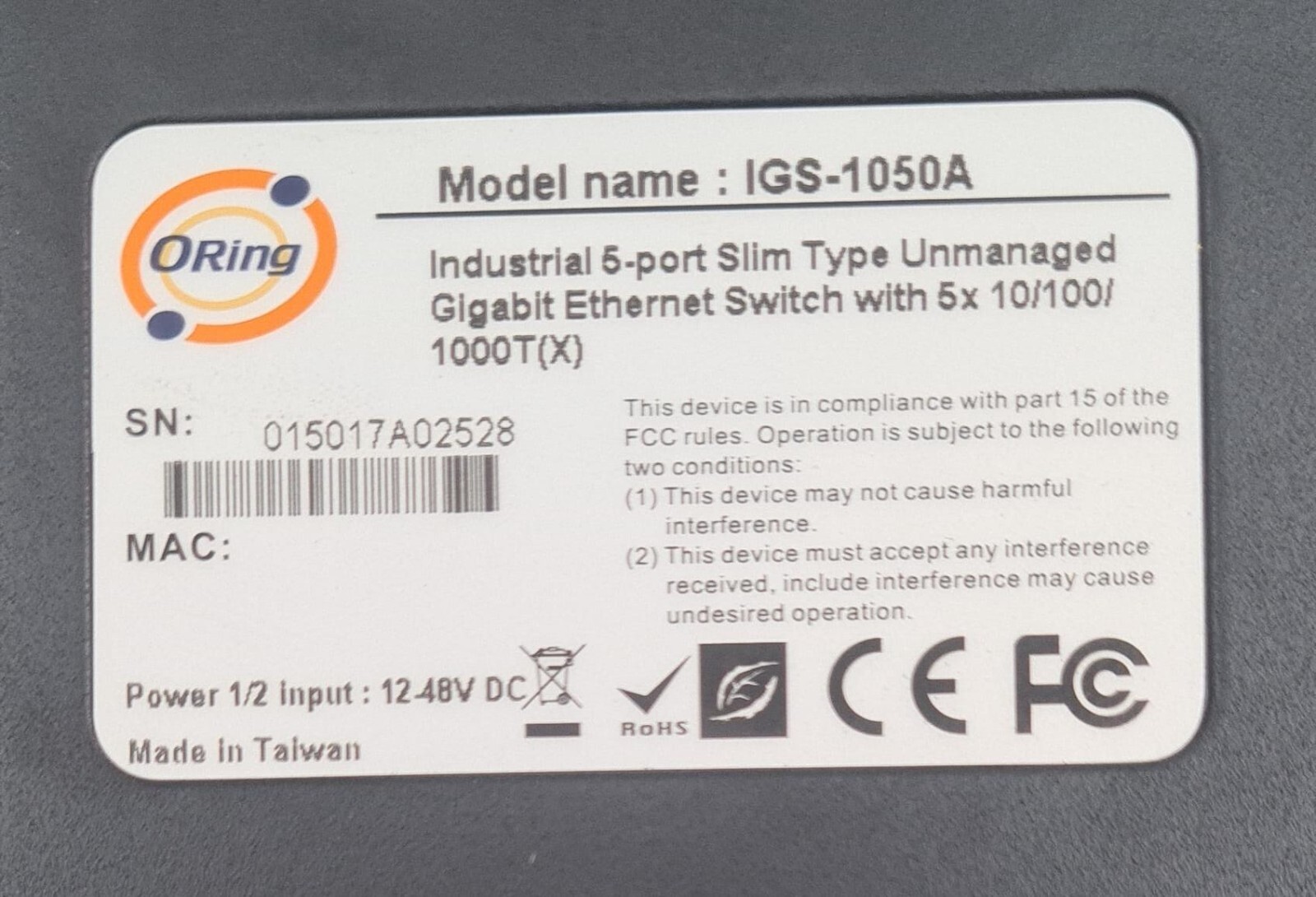 ORing IGS-1050A Industrial 5-Port Slim Type Unmanaged Gigabit Ethernet Switch | eBay