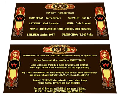 Williams Fire! Pinball Custom Apron Instruction Cards | eBay