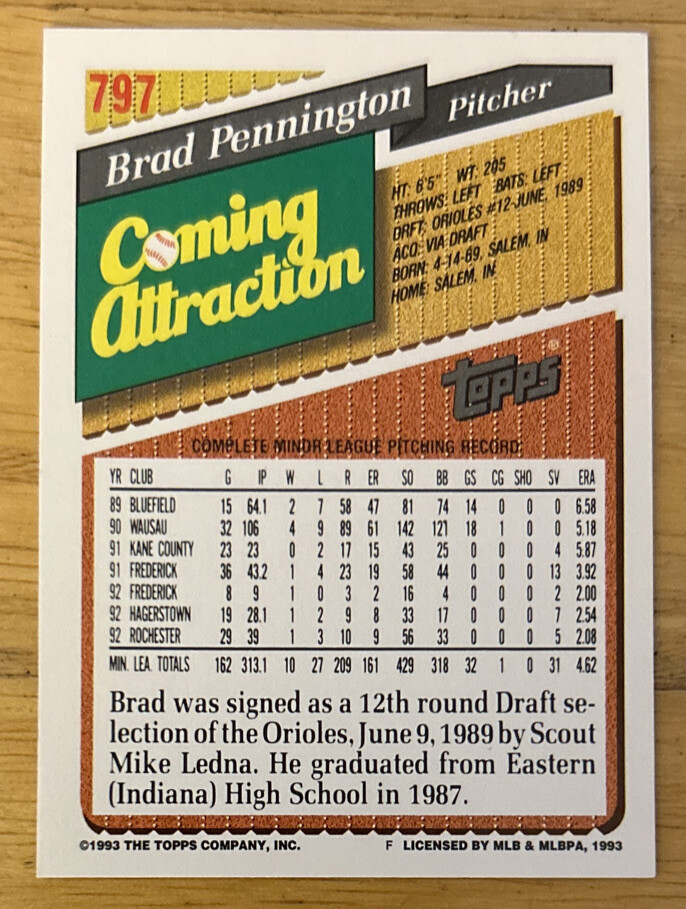 1993 Topps Brad Pennington Coming Attraction Rookie Card RC #797 ...