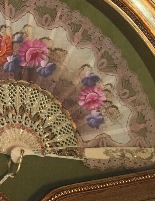 Antique Hand-Painted Fan in Hand-Carved Gilded Shadow Box Near Mint ...