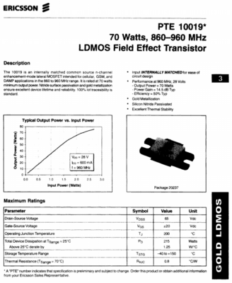 PTE10019 PTF10019 Ericsson RF Power Transistor Gold LDMOS 70 Watts 860 ...