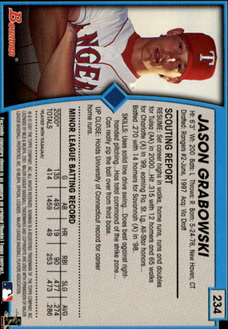 2001 Bowman Texas Rangers Baseball Card #234 Jason Grabowski | eBay