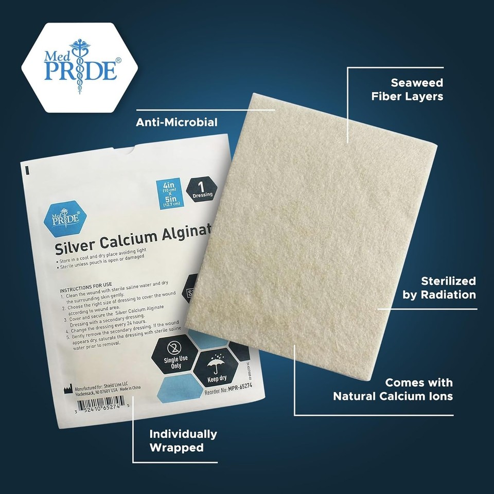 MED PRIDE Silver Calcium Alginate Wound Dressings 2x2 4x5 4x8 Nonstick ...