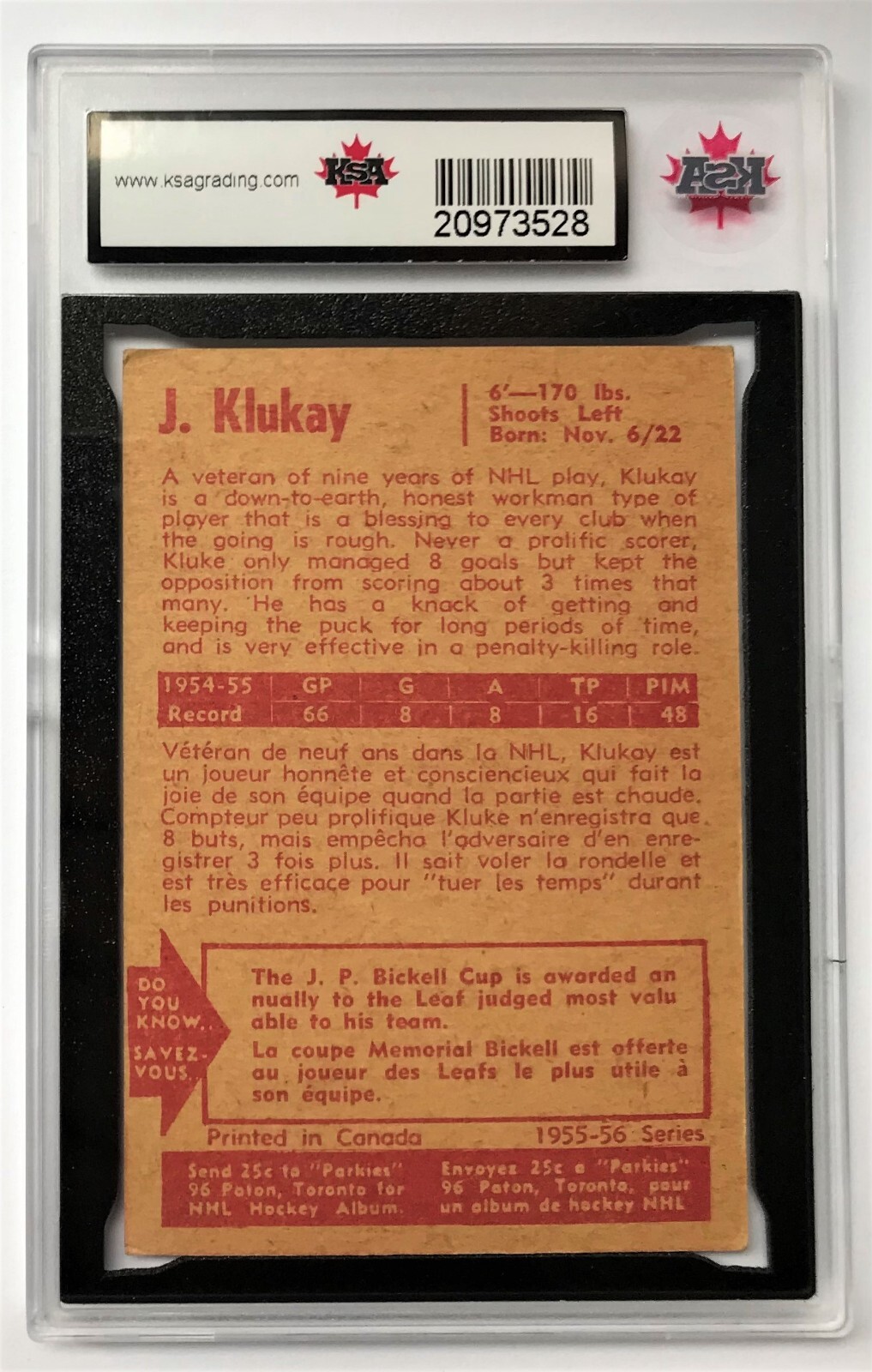 1955-56 Parkhurst #6 Joe Klukay KSA 5 EX | eBay