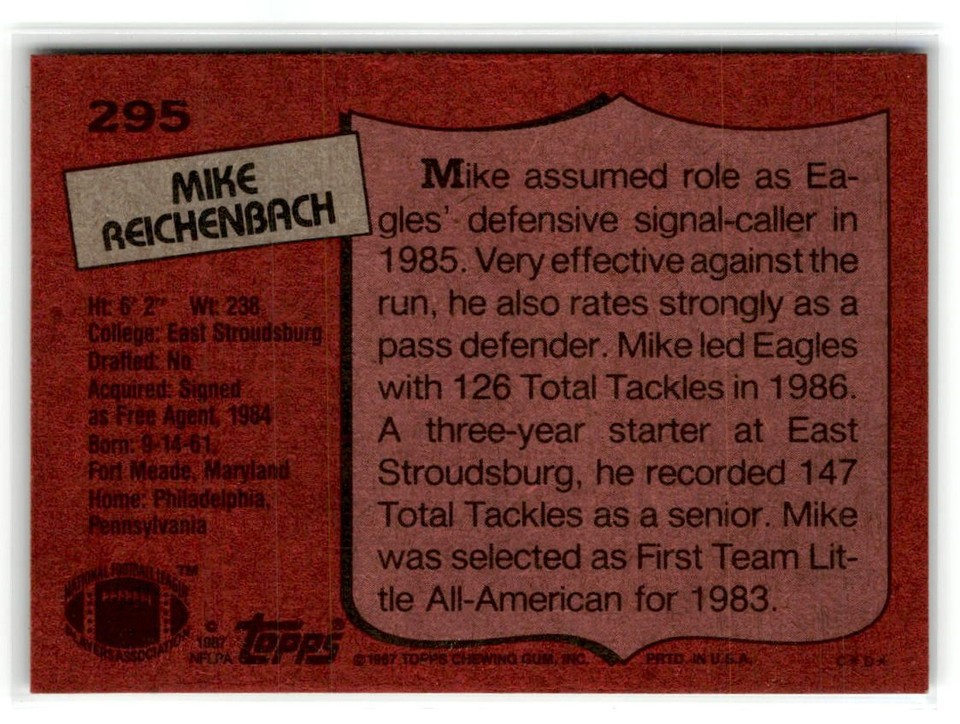 1987 Topps Football #295 Mike Reichenbach Rookie Philadelphia Eagles | eBay