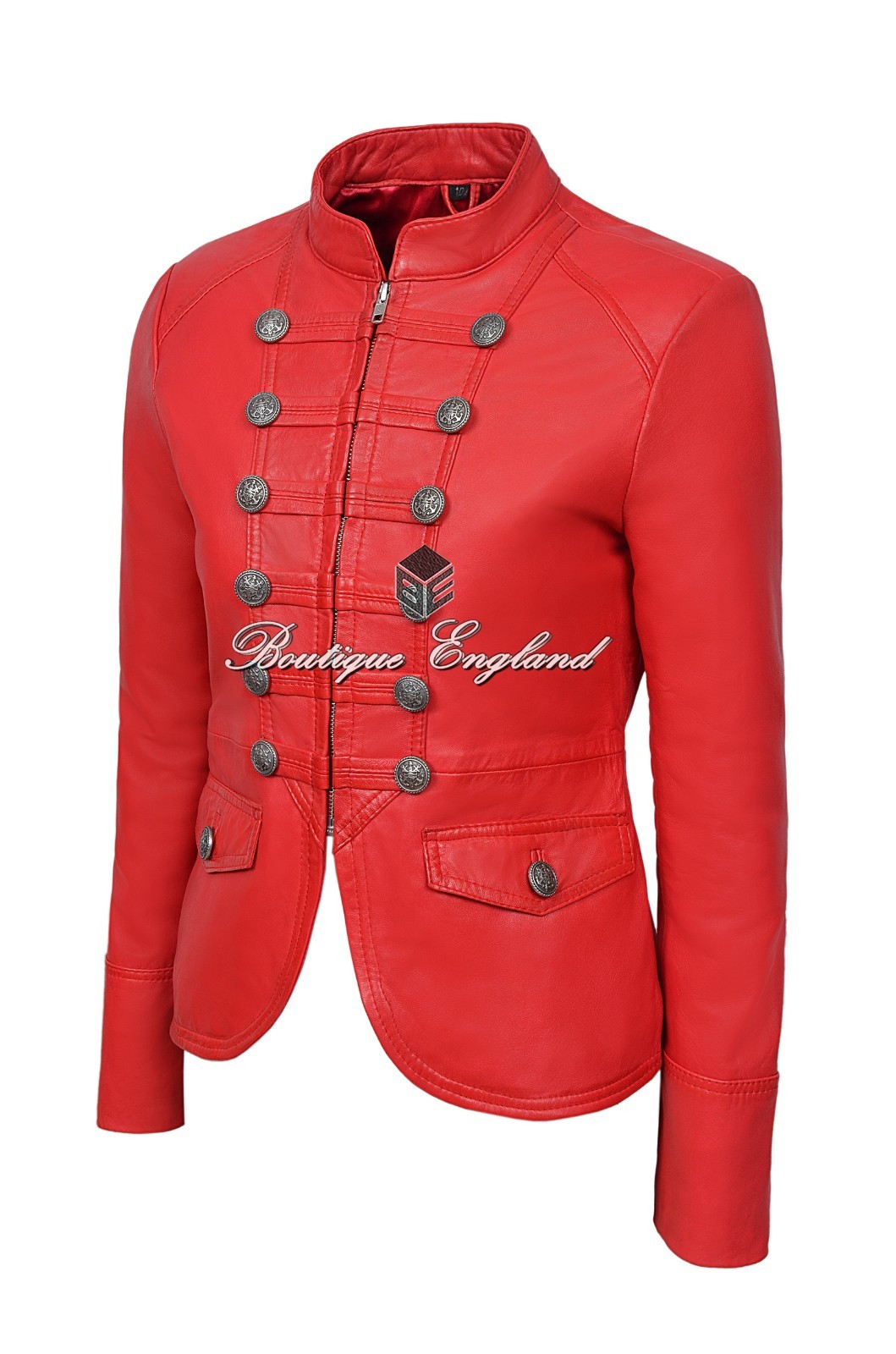 'VICTORY' Ladies Military Style Jacket RED Front Studded REAL LEATHER ...