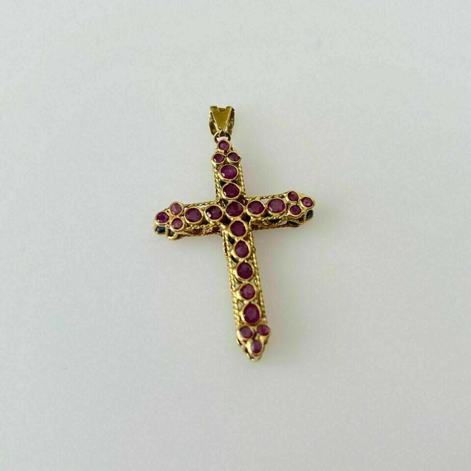 3Ct Round Cut Red Ruby Cross Vintage Pendant 14K Yellow Gold Plated ...