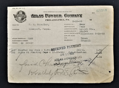 1933 antique BILLHEAD philadelphia pa ATLAS POWDER COMPANY fuse blastic ...