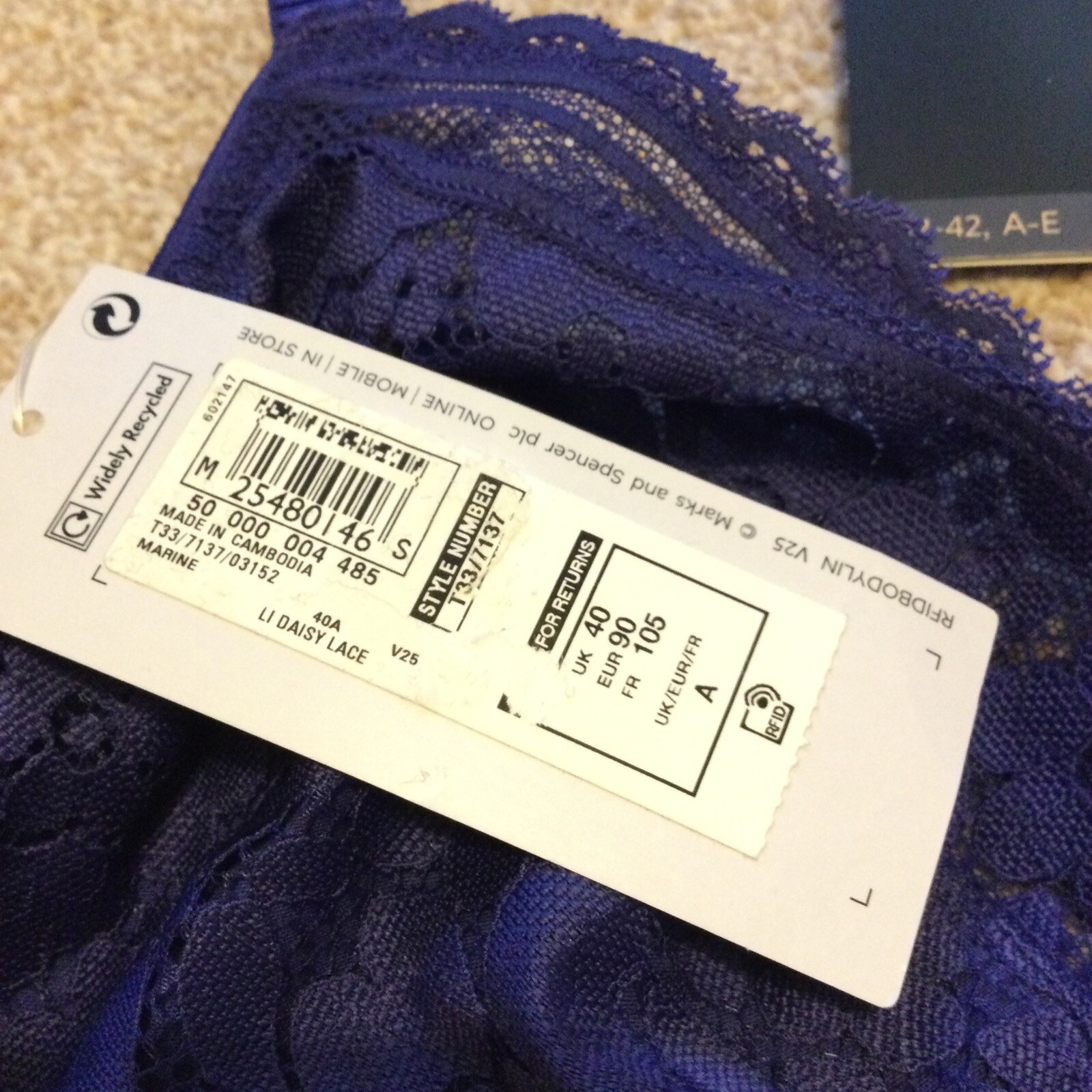 M&S Size 40A Non Wired Cool Comfort Cotton Full Cup Bra Marine Blue ...