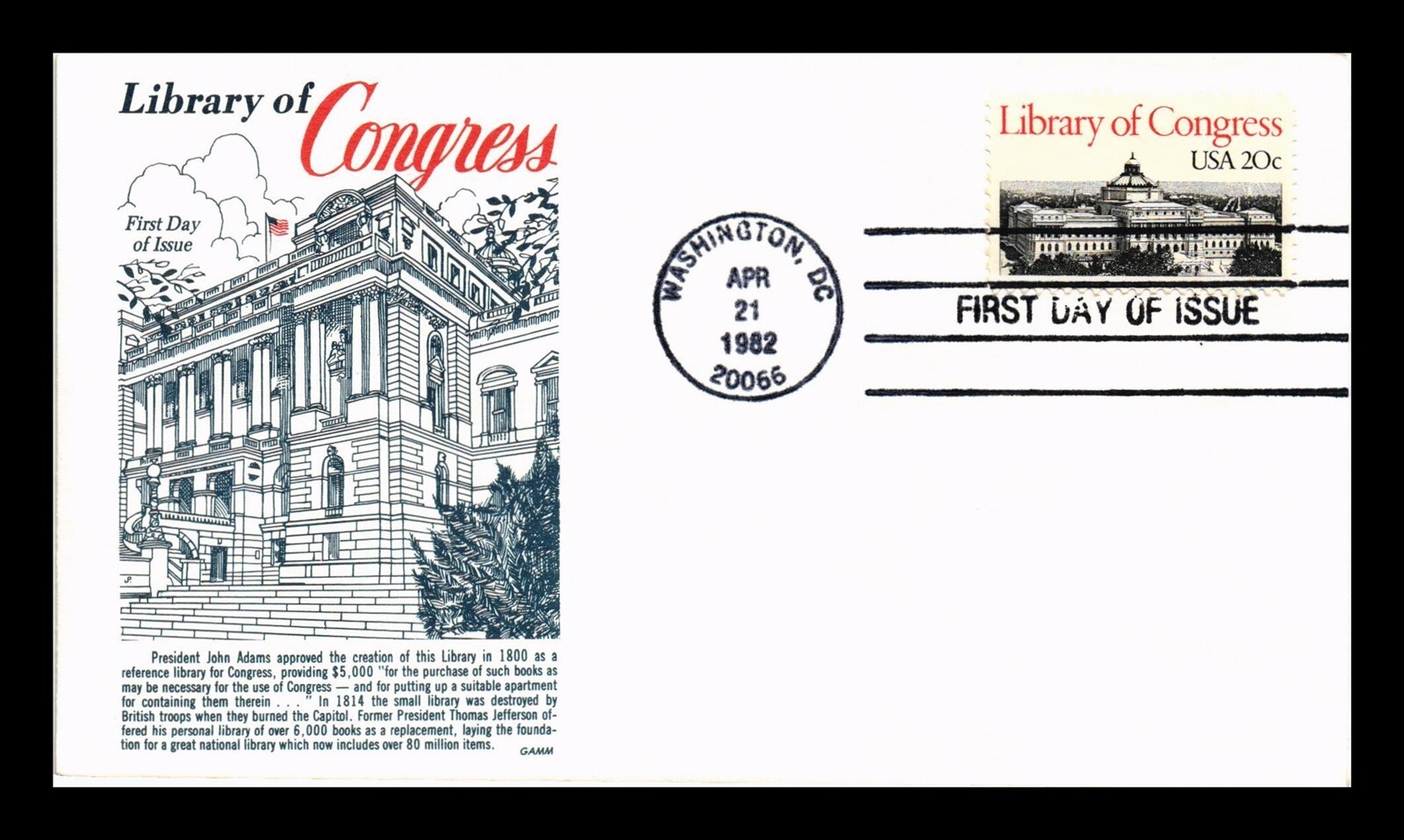 DR JIM STAMPS US COVER LIBRARY OF CONGRESS FIRST DAY ISSUE GAMM CACHET ...