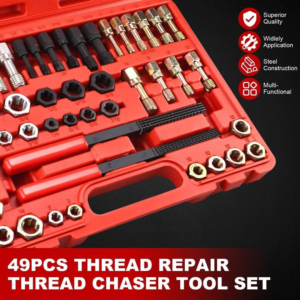 49Pcs Thread Chaser Set Metric SAE Thread Repair Restorer Tool ...