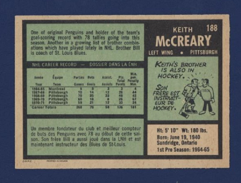 1971-72 OPC O-Pee-Chee #188 KEITH MCCREARY Nmmt to Nmmt+ Pittsburgh ...