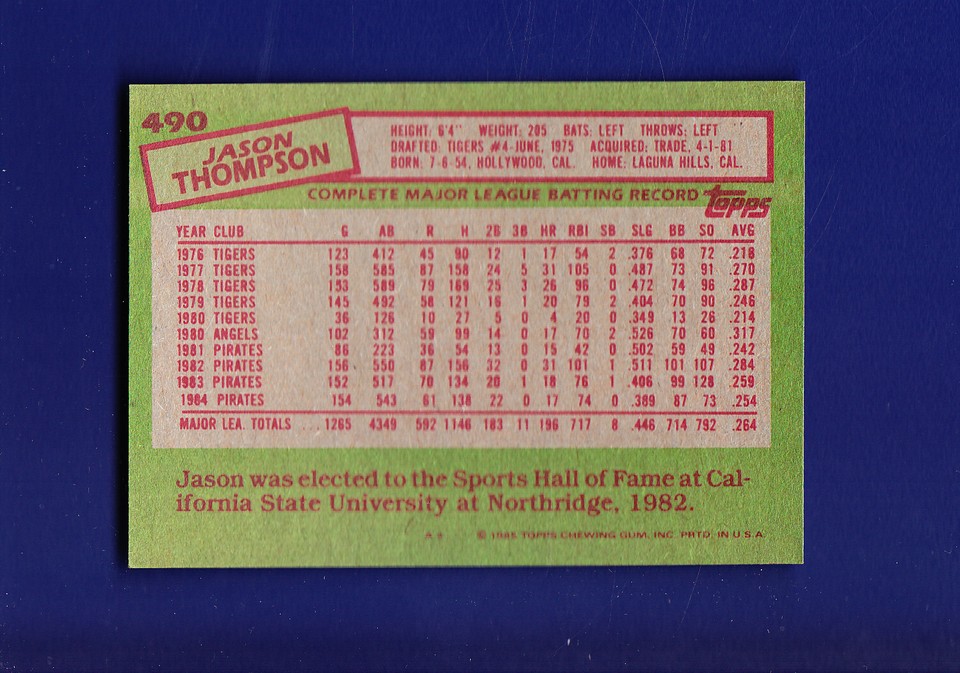 Jason Thompson 1985 TOPPS MLB Baseball #490 (NM+) Pittsburgh Pirates | eBay