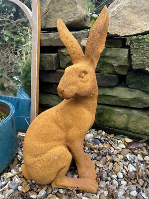 Rusty Cold Cast Iron Sitting Hare Statue Garden Ornament Figure ...