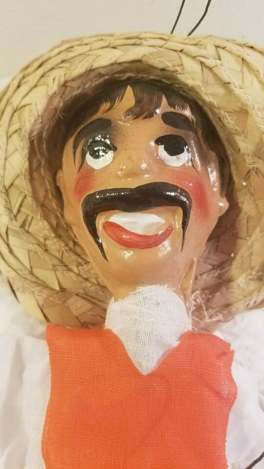 VTG 14" Fabric/ Wood MAN Folk Art Mexican Marionette String Puppet w ...