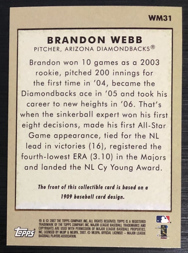 2007 Topps WM31 Brandon Webb Arizona Diamondbacks Insert Baseball Card ...