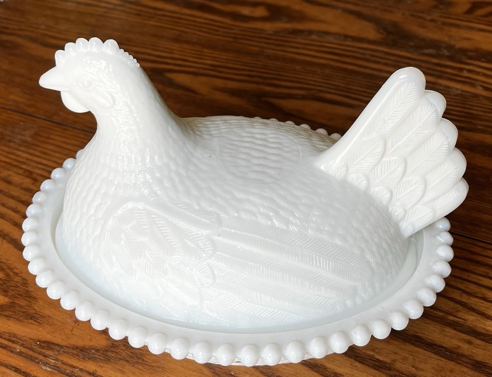 Vintage Indiana Glass Hen On Nest Covered Dish White Milk Glass Chicken ...