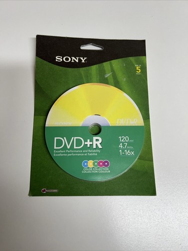 NEW Sony DVD+R 5 pack 120 minutes 1x-16x Speed 4.7 GB Color Collection ...