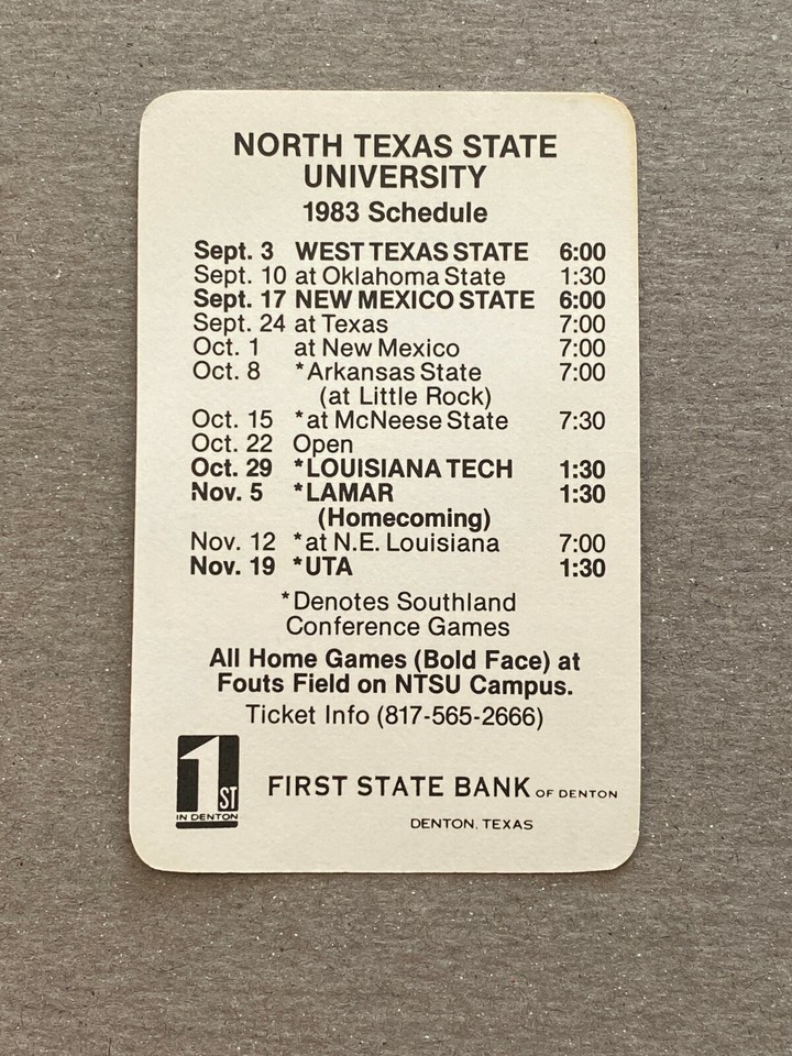 CFB 1983 NORTH TEXAS STATE ST Football Schedule NTSU UNT MEAN GREEN ...