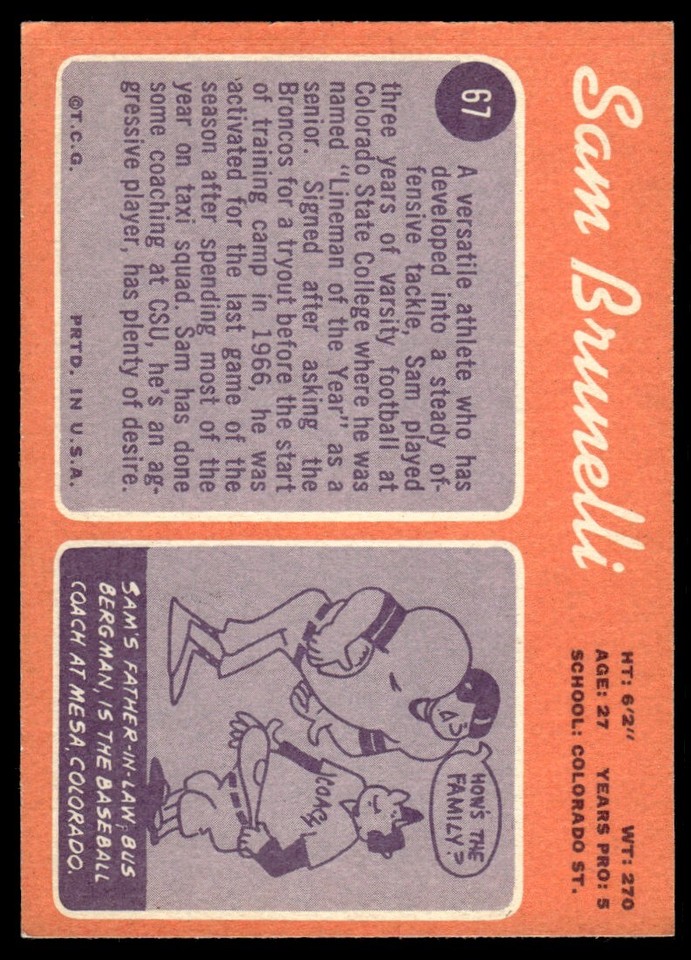 1970 Topps Sam Brunelli Rookie Denver Broncos #67 | eBay
