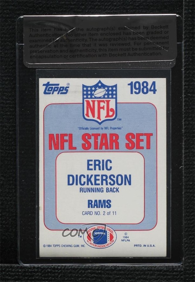 BAS 1984 Topps Glossy Inserts Eric Dickerson #2 Seal of Authenticity ...