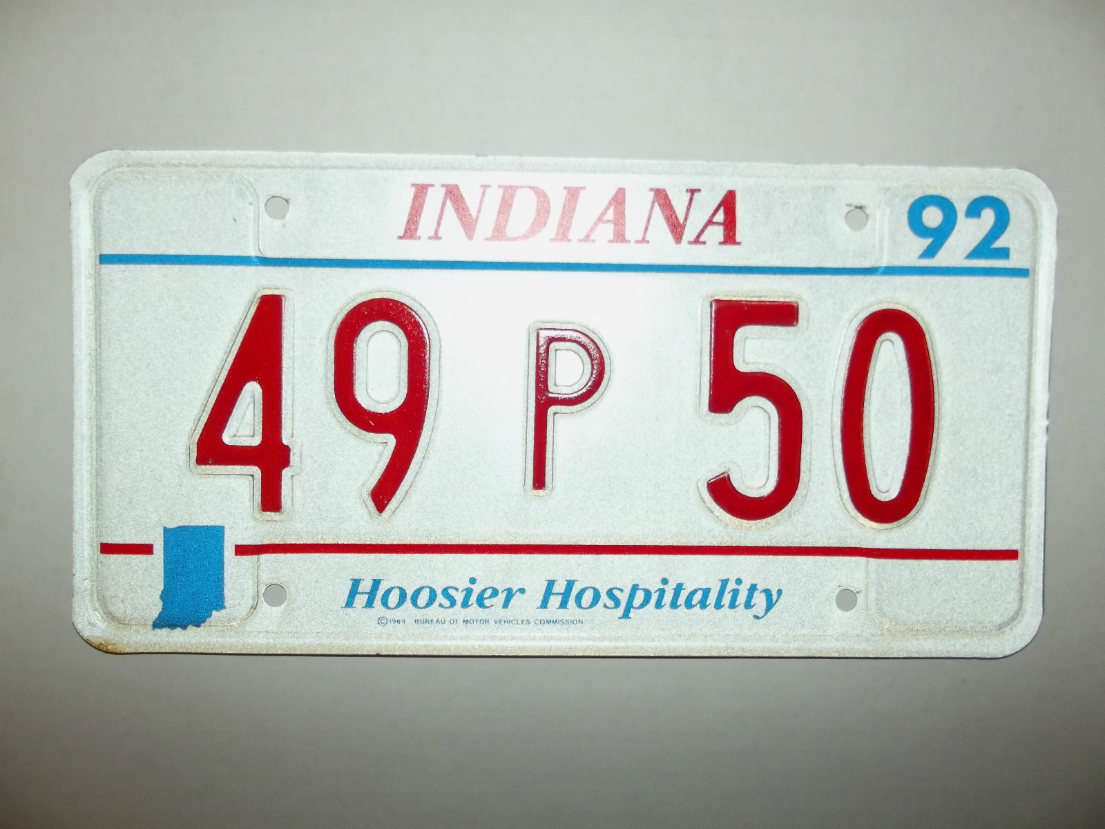 1992 INDIANA HOOSIER HOSPITALITY License Plate tag # 49p 50 used ...